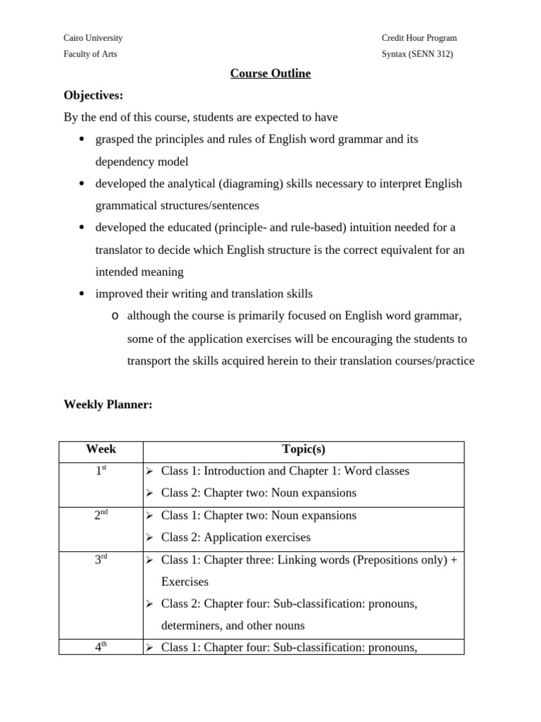 Syntax 2025 Course Description and Weekly Planner | PDF | English Language | Noun