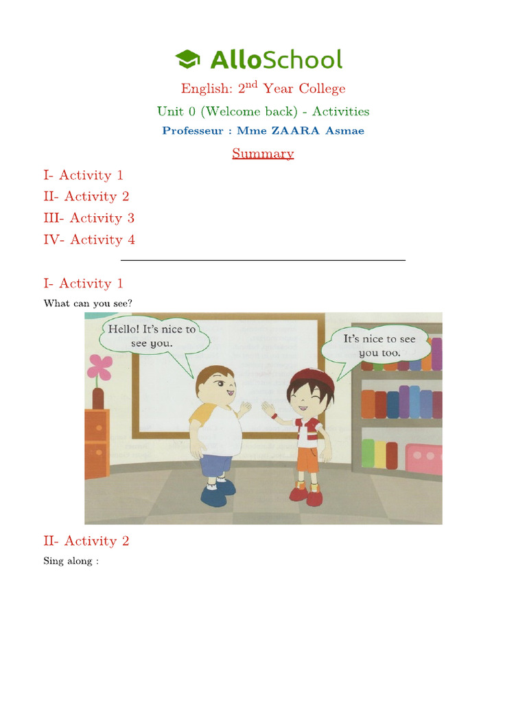 Unit 0 Welcome Back Activities 2 | PDF