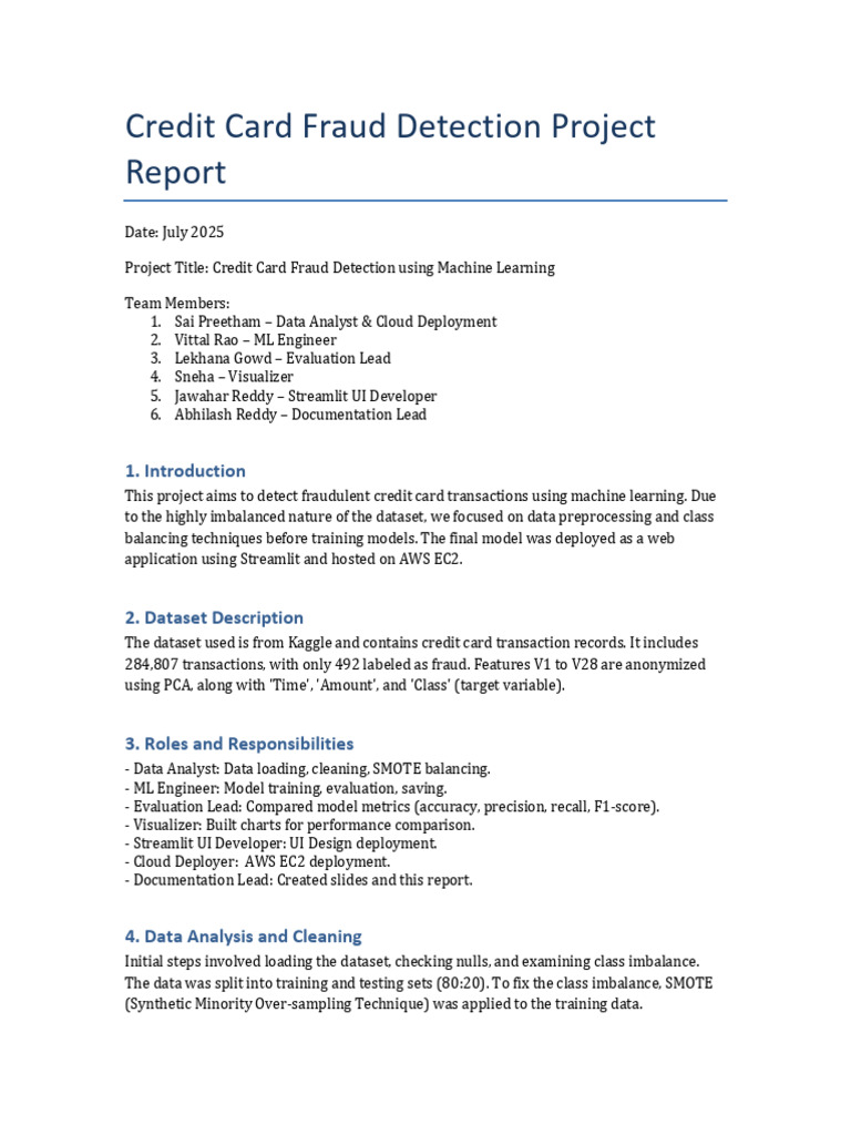 Credit Card Fraud Detection Report | PDF | Machine Learning | Data Analysis