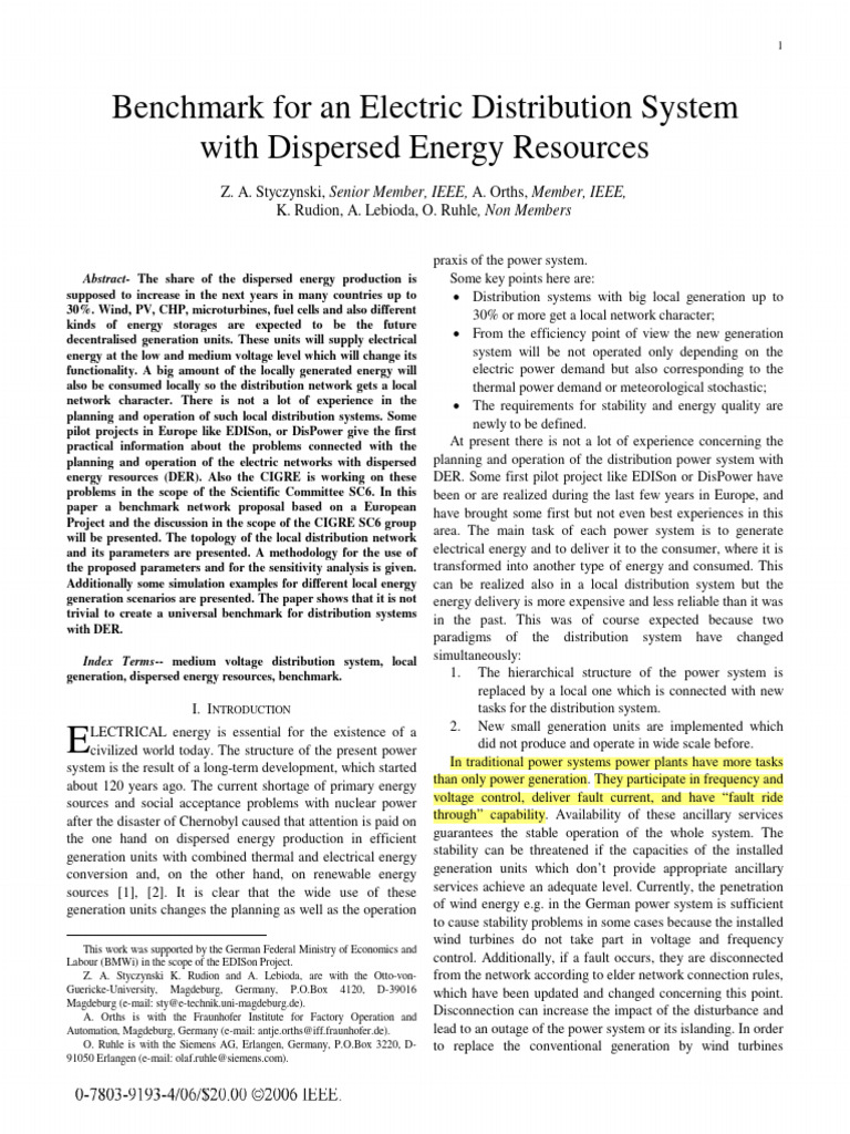 Z. A. Styczynski 2006 - Benchmark For An Electric Distribution System ...
