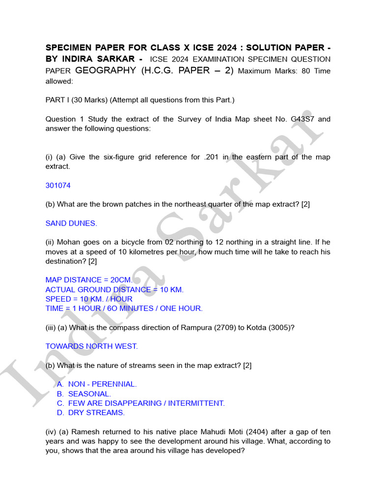 Solution by Indira Sarkar - Icse 2024 Examination Specimen Question Paper Geography | PDF ...