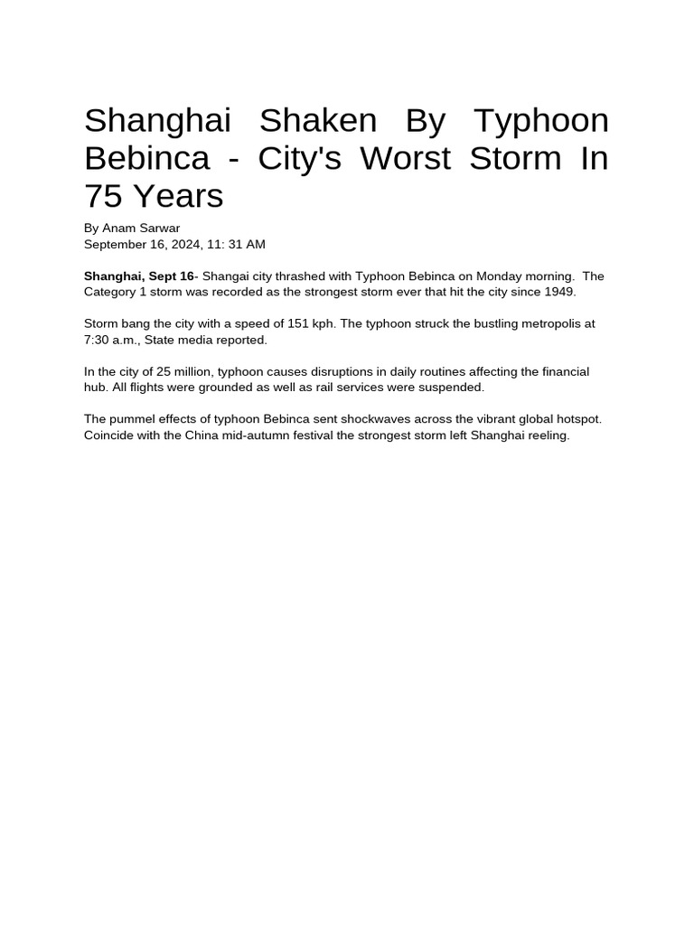 Shanghai Shaken by Typhoon Bebinca - City's Worst Storm in 75 Years | PDF