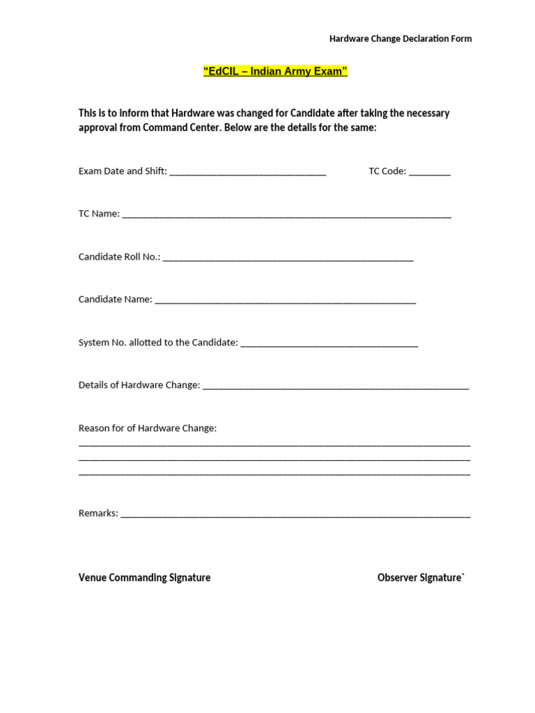 Declaration For Hardware Change - Indian Army Exam - Docx 2025 | PDF