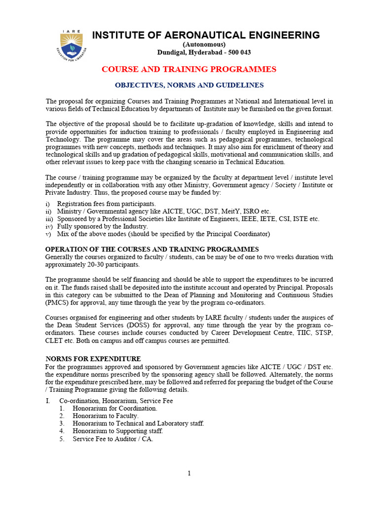 Course and Training Programmes Norms and Guidelines | PDF | Expense ...