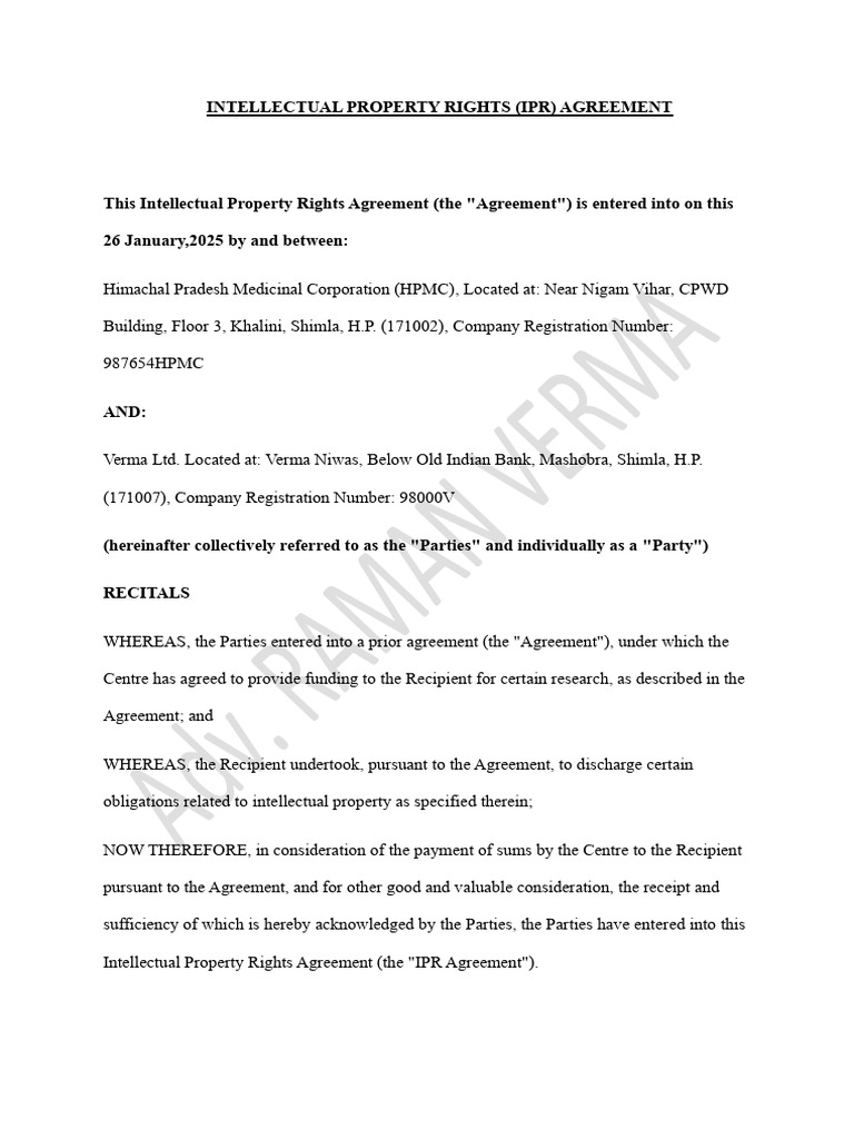 Intellectual Property Rights Agreement | PDF | Indemnity | Patent