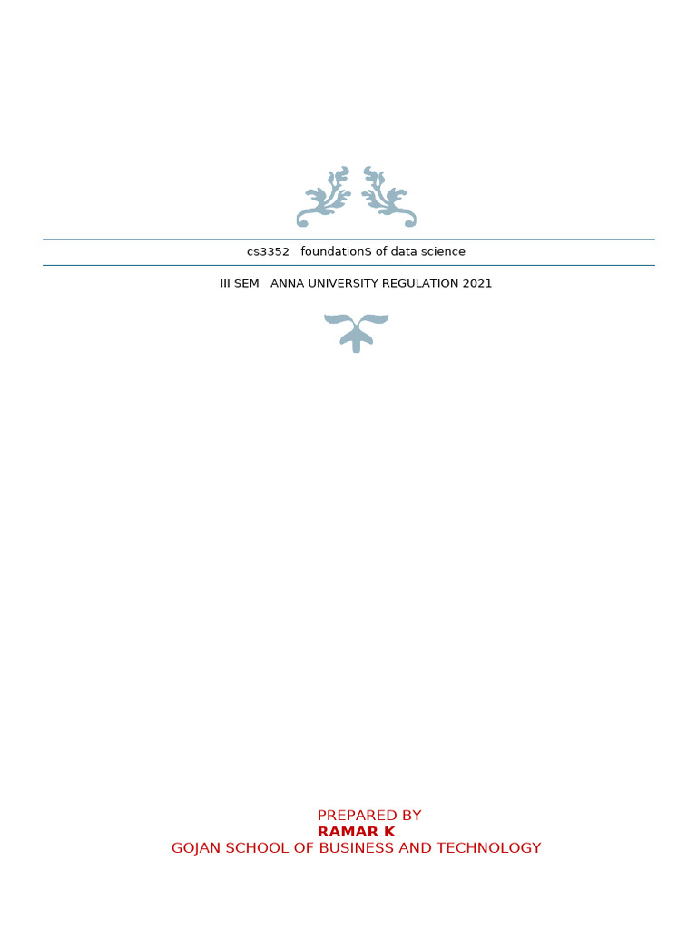 cs3352 Foundation of Data Science | PDF | Data Science | Data