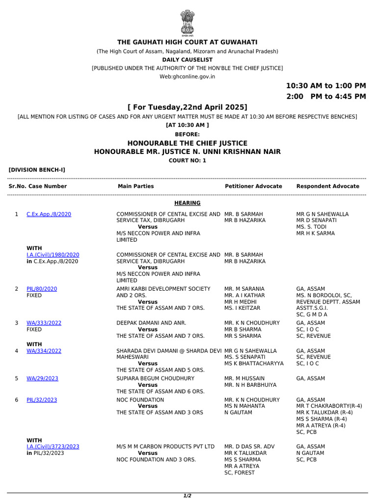 Gauhati High Court Cause List - April 22, 2025 | PDF | Government Of ...