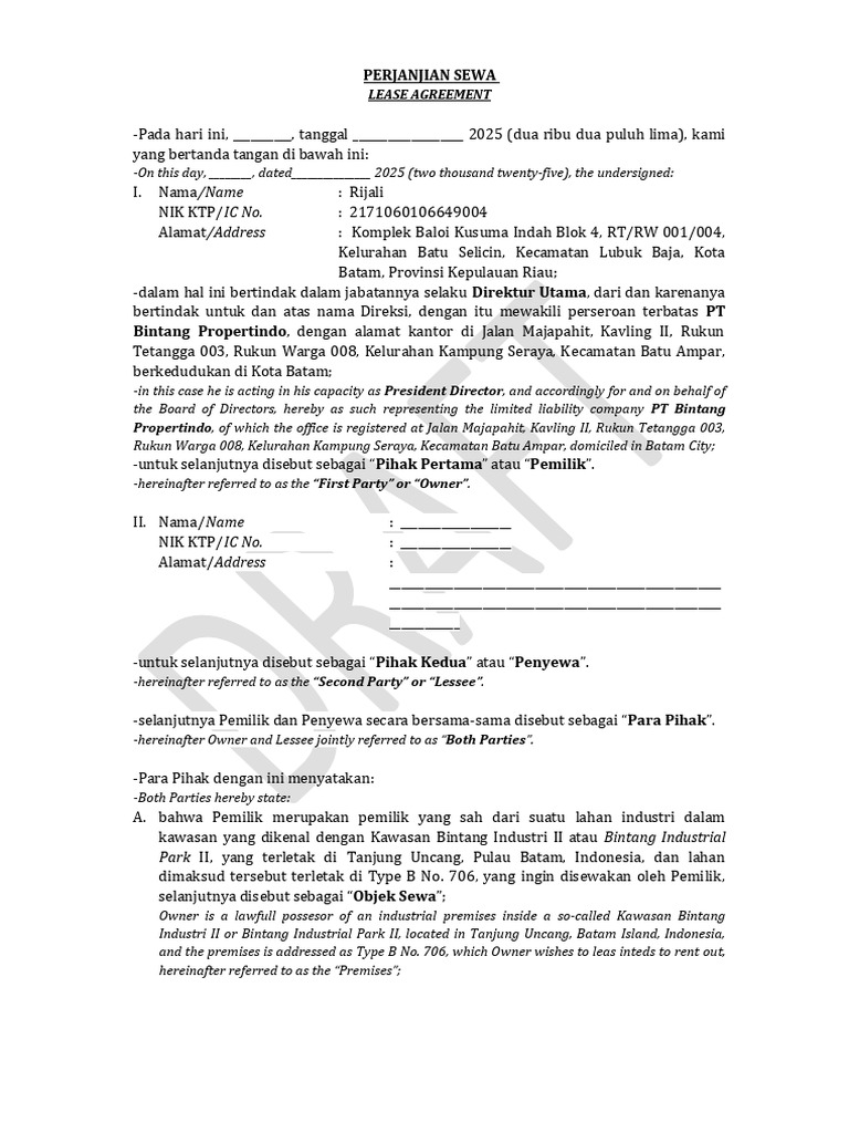 DRAFT Lease Agreement 706 - 18 Juli 2025 | PDF