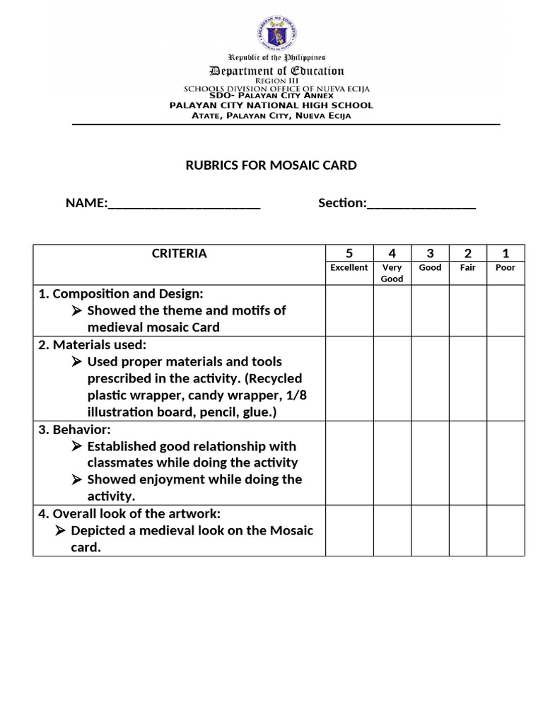 Rubrics for Mosaic Art Evaluation | PDF