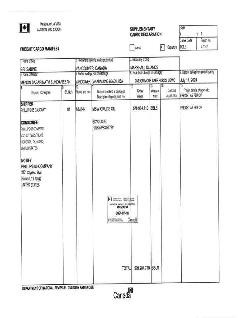 SFL Sabine - Cargo Manifest | PDF | Logistics | Transport