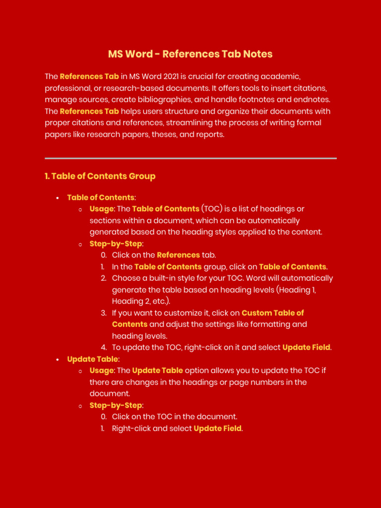 MS Word 2021 References Tab Guide | PDF | Note (Typography) | Citation
