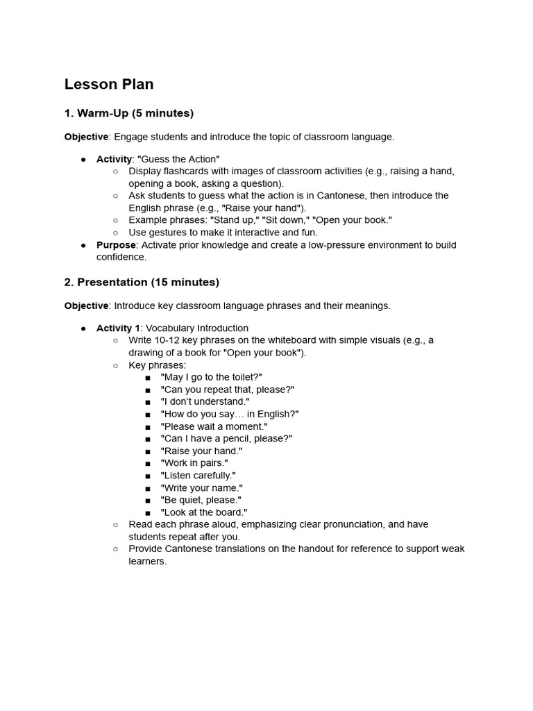 Lesson Plan: 1. Warm-Up (5 Minutes) | PDF