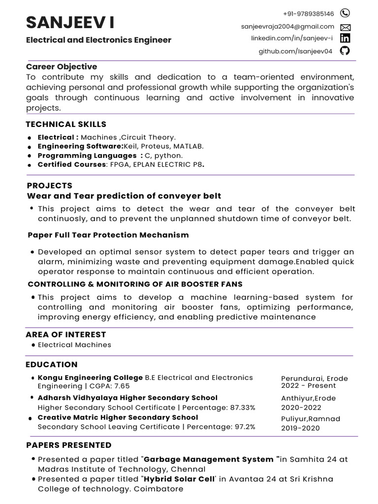 Sanjeev I: Electrical and Electronics Engineer Career Objective | PDF