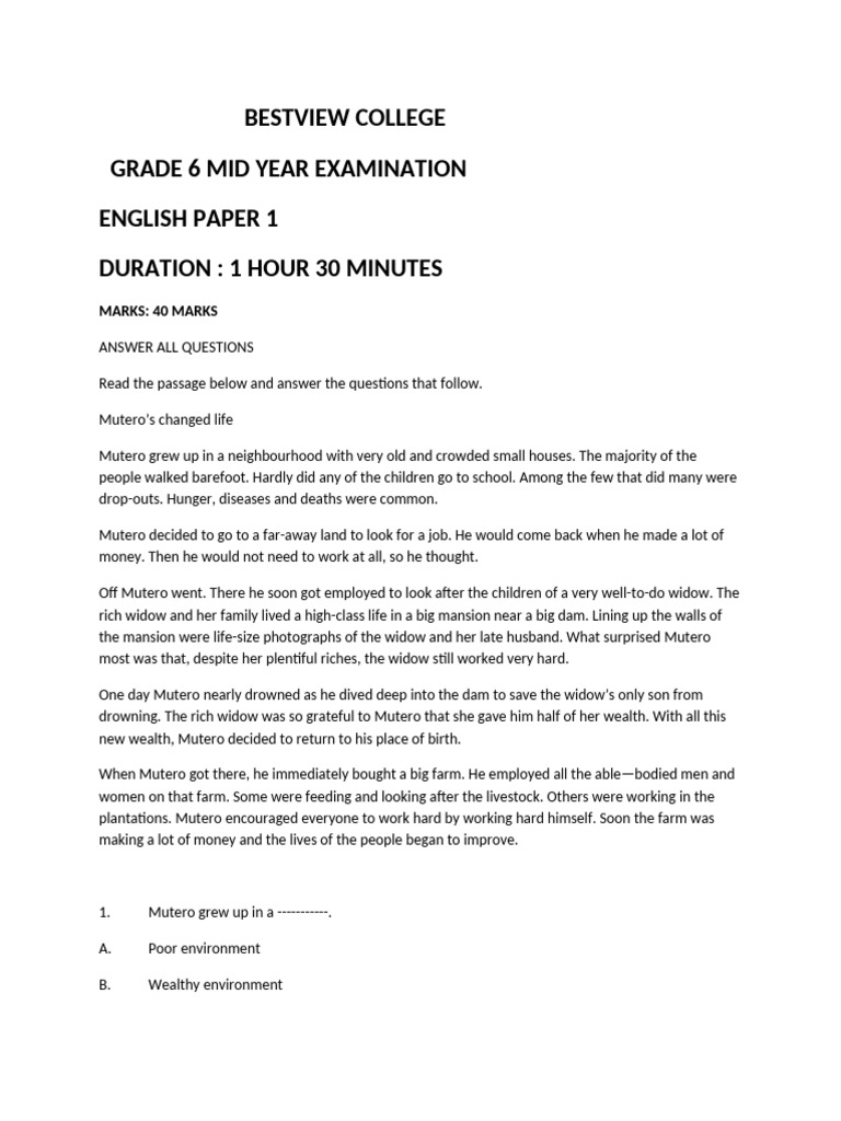BESTVIEW GRADE 6 MID YEAR Tests | PDF