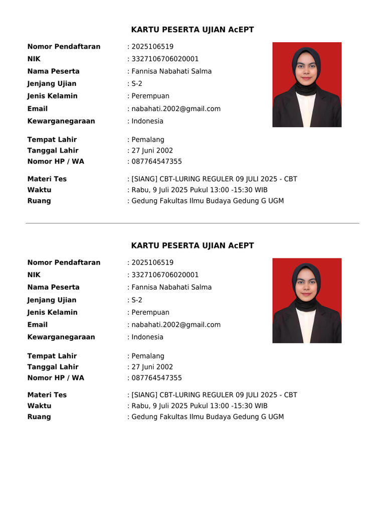 Kartu Ujian Fannisa S2 UGM 2025 | PDF
