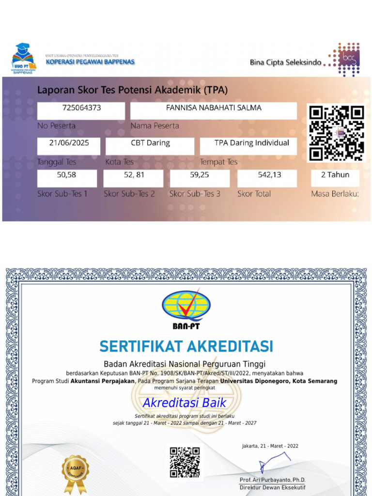 Fannisa Nabahati Salma - Sertifikat & Proyeksi S2 | PDF