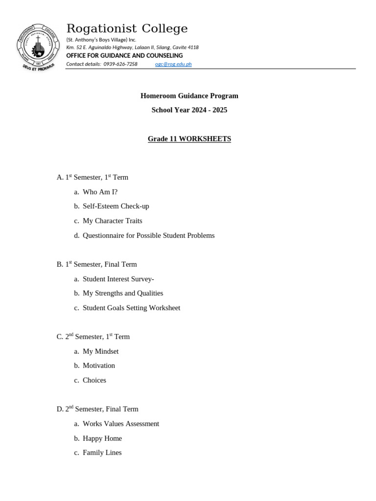 Grade 11 Guidance Worksheets 2024-2025 | PDF