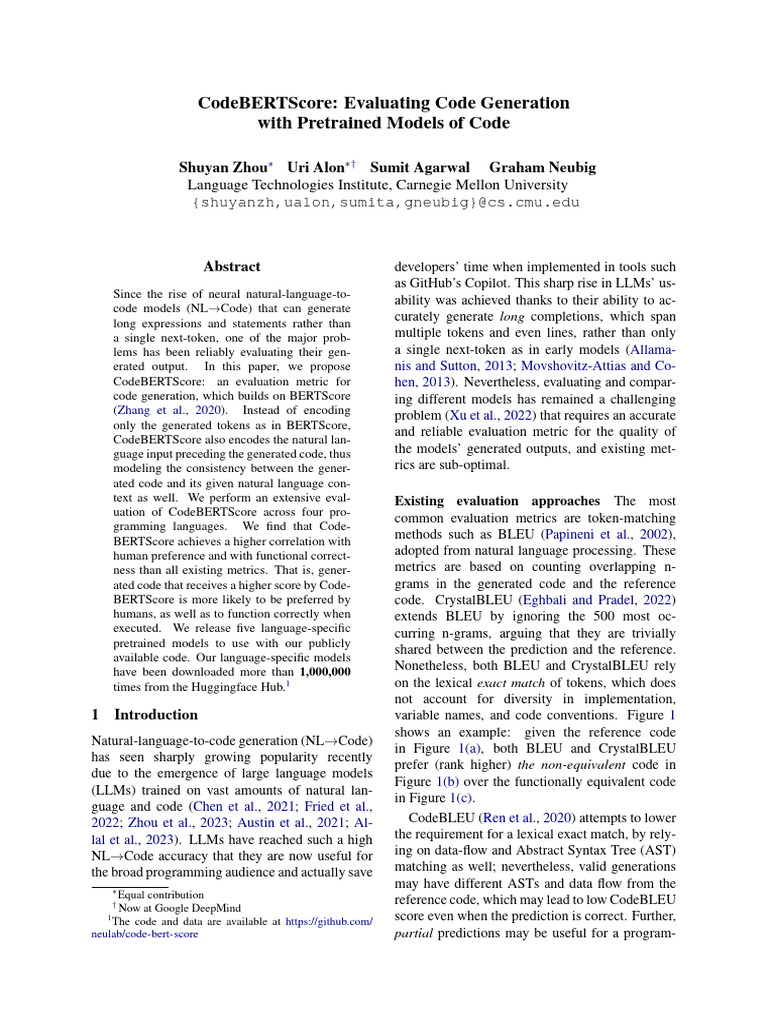 CodeBERTScore for Code Evaluation | PDF