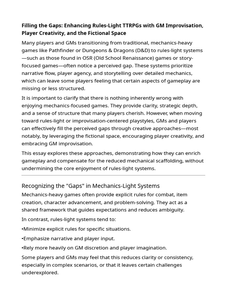 Filling The Gaps: Enhancing Rules-Light TTRPGs With GM Improvisation ...