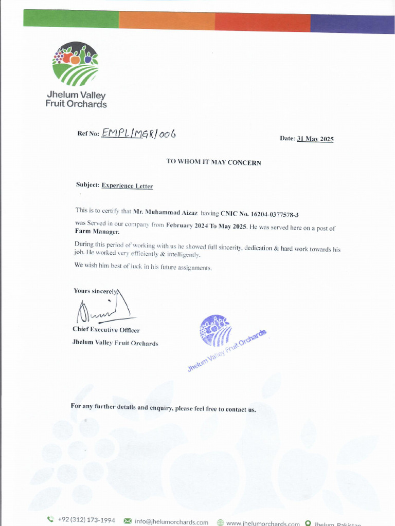 Farm Manager Experience Letter | PDF
