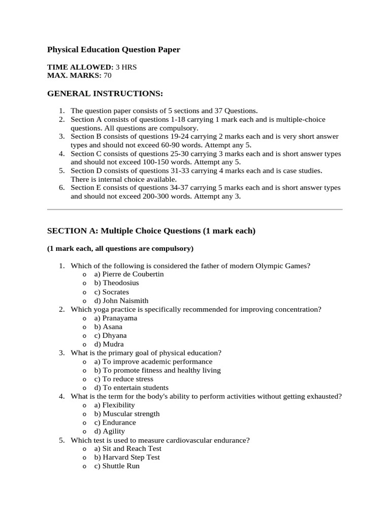 Class 11 Physical Education Question Paper | PDF | Physical Fitness ...