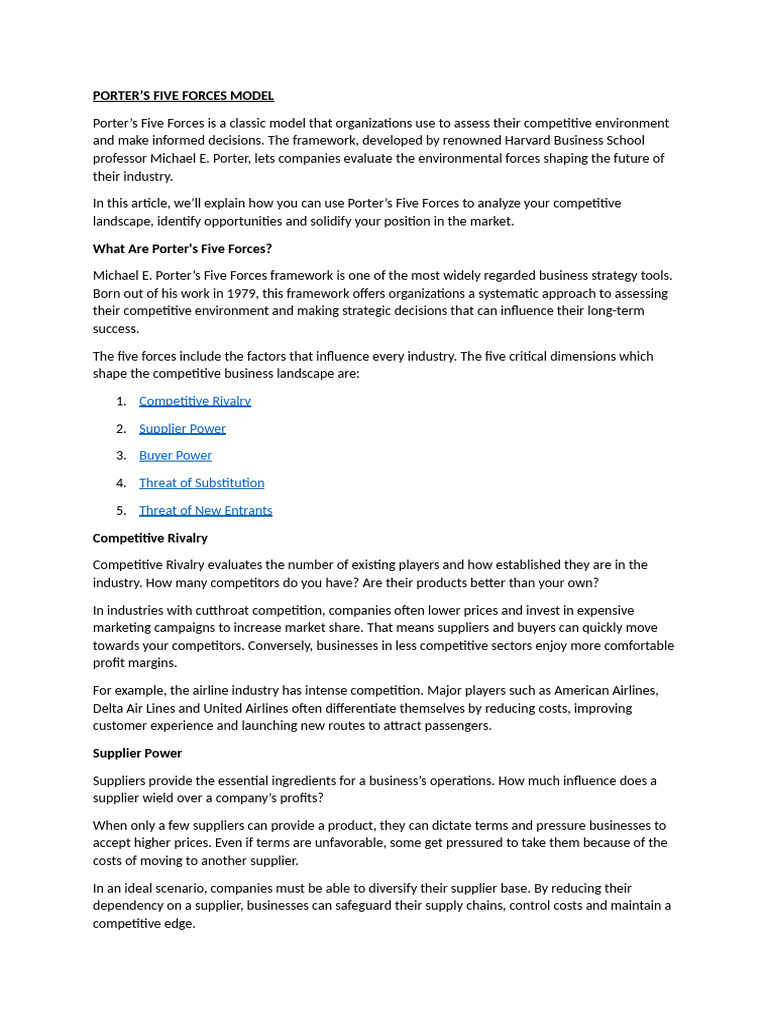 Porter Five Forces Model Pdf Business Marketing