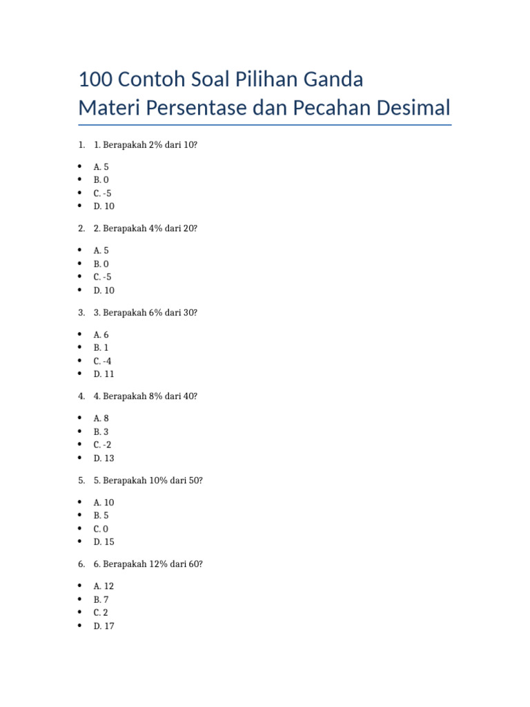 100 Soal Dan Pembahasan Persentase Dan Desimal | PDF