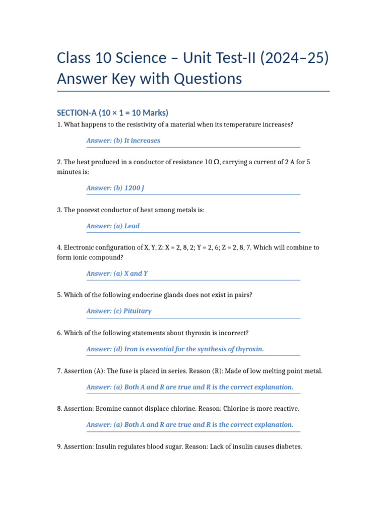 Class10 Science UnitTest2 AnswerKey | PDF