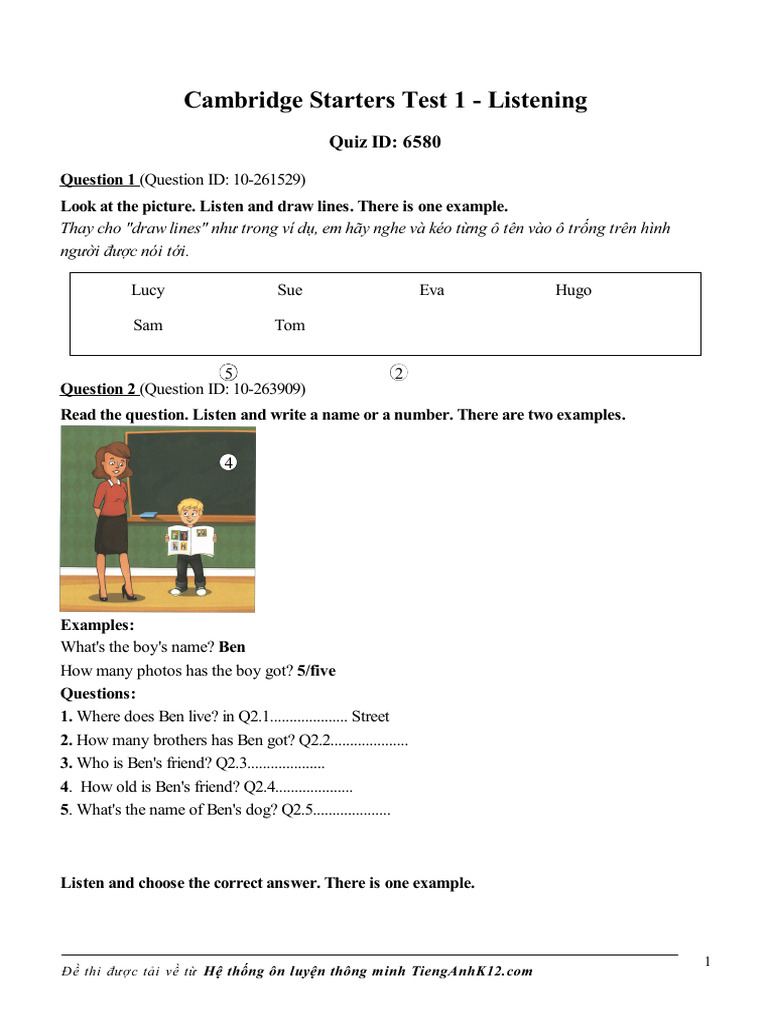 Cambridge Starters Test 1 - Listening: Quiz ID: 6580 | PDF
