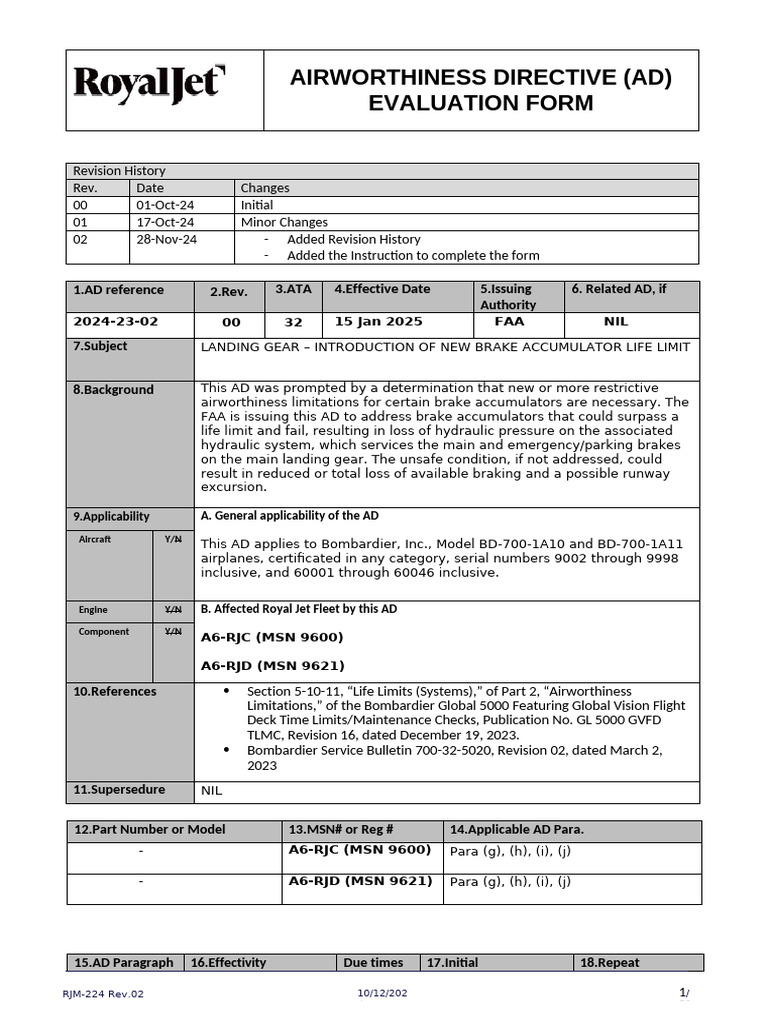 AD Evaluation for A6-RJC and A6-RJD | PDF | Federal Aviation ...