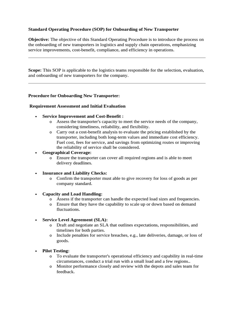 Onboarding SOP for New Transporters | PDF | Service Level Agreement ...