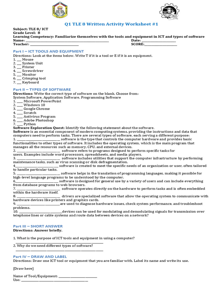 TLE 8 ICT Tools and Software Worksheet | PDF | Computer Hardware ...