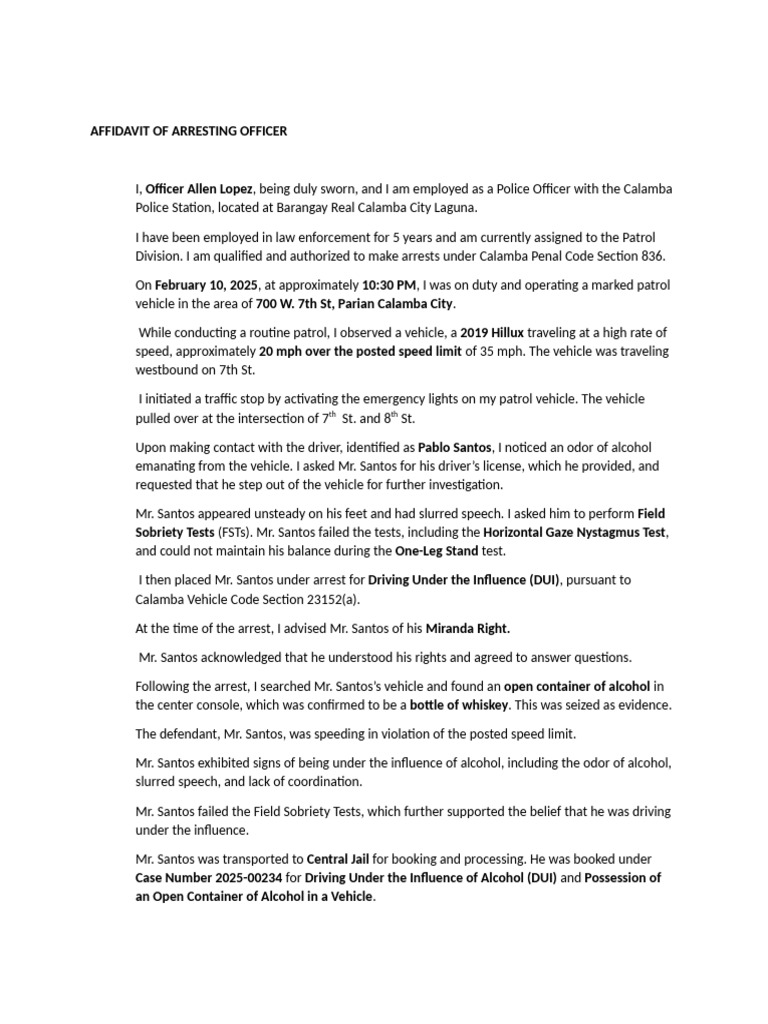 Affidavit of Arresting Officer | PDF | Driving Under The Influence ...