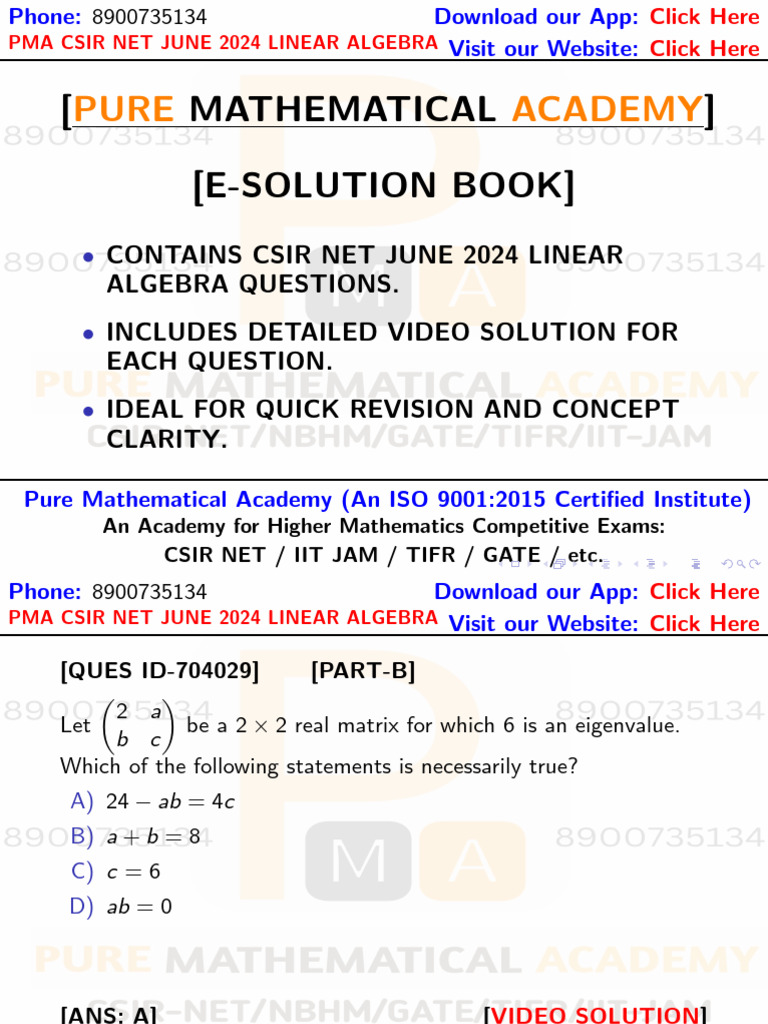 CSIR NET June 2024 Linear Algebra Solution - Pure Mathematical Academy | PDF | Vector Space ...
