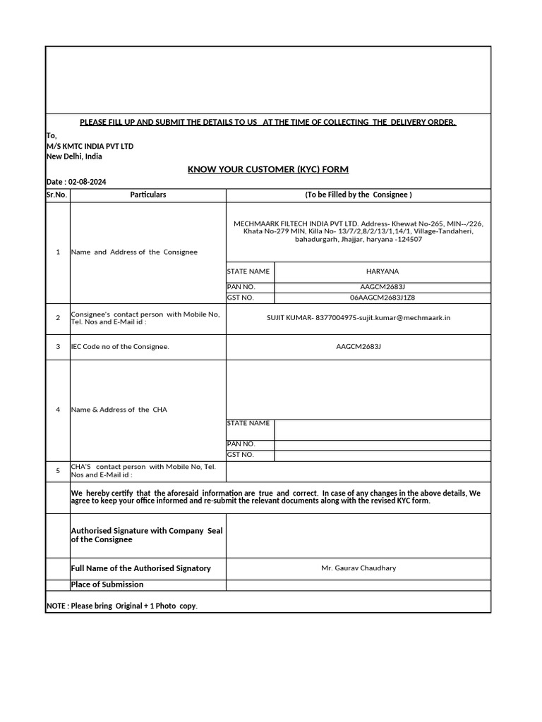 KYC Form Submission for Delivery Order | PDF