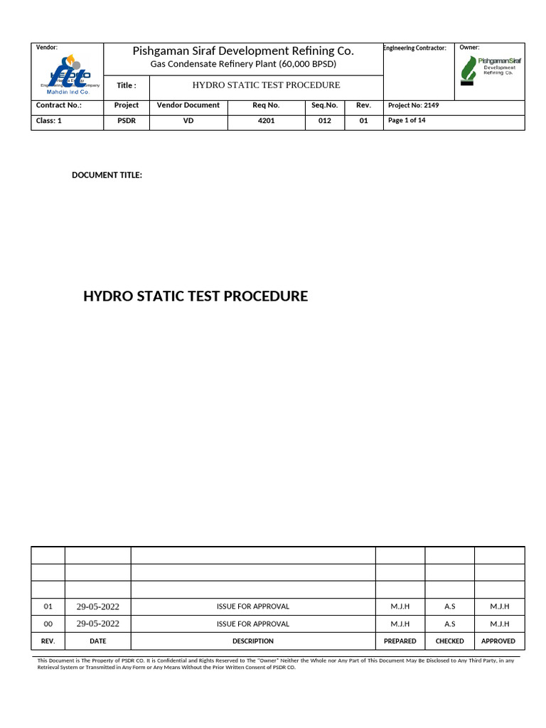 Hydro Static Test Procedure | PDF | Pressure | Pressure Measurement