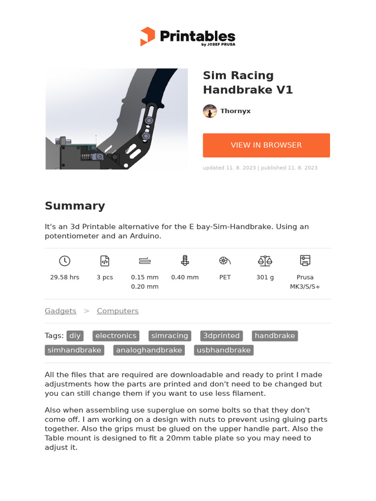 3D Printable Sim Racing Handbrake | PDF
