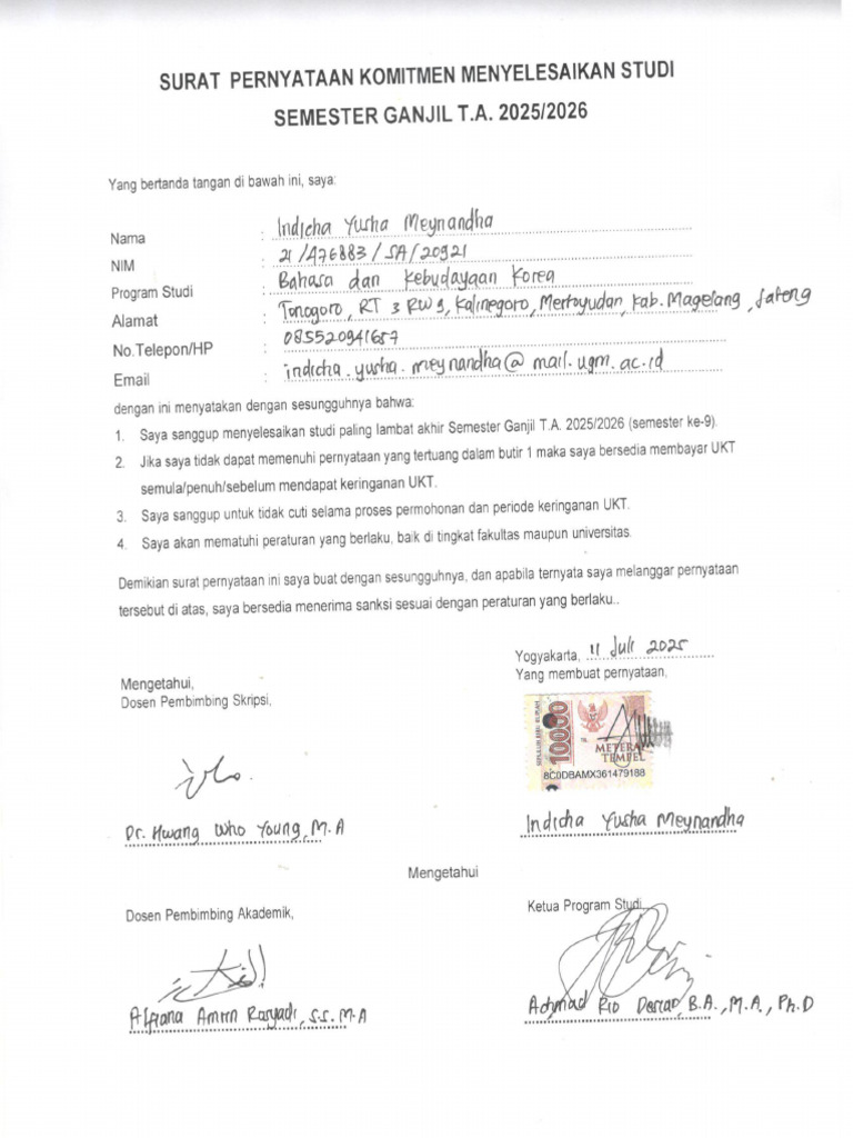 Surat Komitmen Menyelesaikan Studi - Indicha Yusha Meynandha | PDF