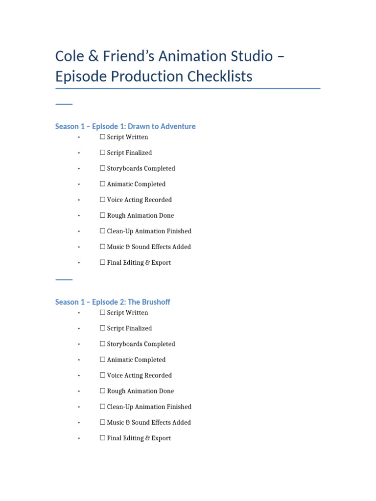 Cole and Friends Seasons 1 To 6 Production Checklists | PDF | Animation ...