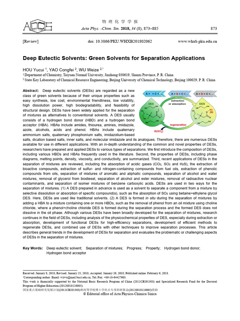 Deep Eutectic Solvents for Separation | PDF | Sulfur Dioxide | Salt ...