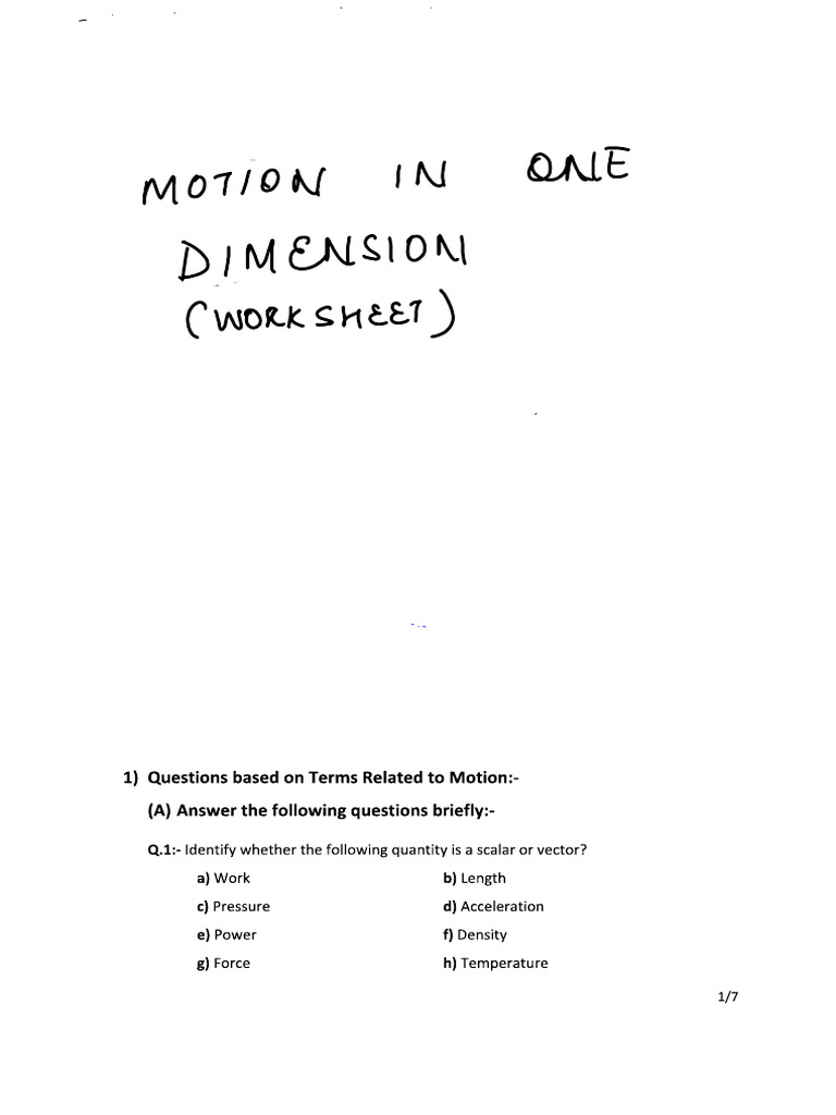 Motion in One Dimension Worksheet | PDF