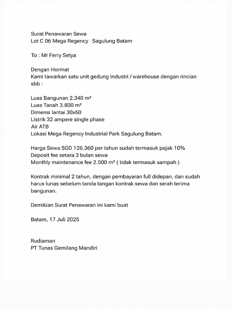 Surat Penawaran Lot C06 Mega Regency | PDF