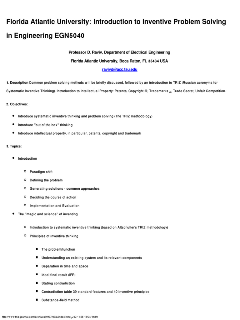 Introduction To Inventive Problem Solving in Engineering EGN5040 | PDF ...