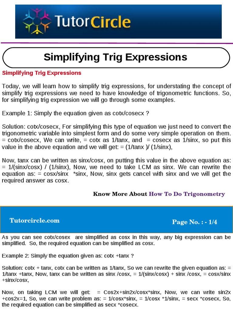 Simplifying Trig Expressions | PDF | Trigonometric Functions | Derivative