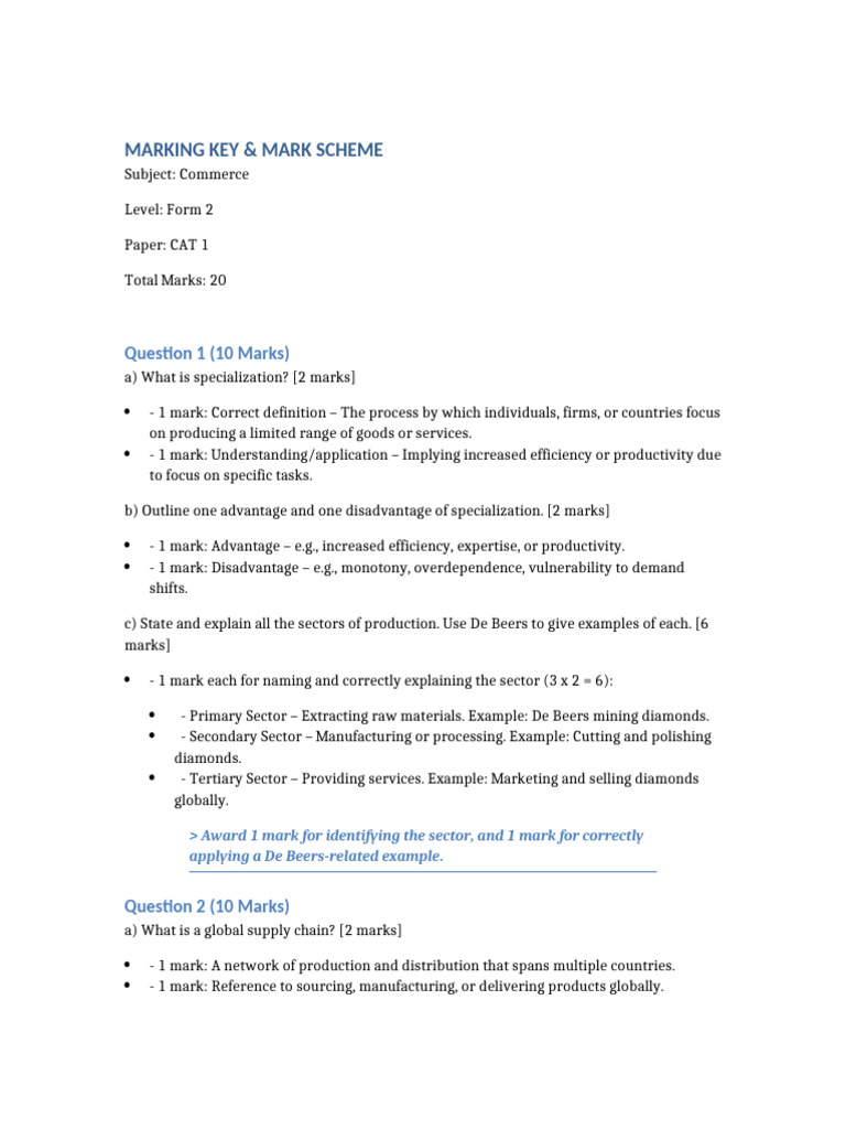 Form 2 Commerce Marking Key & Scheme | PDF