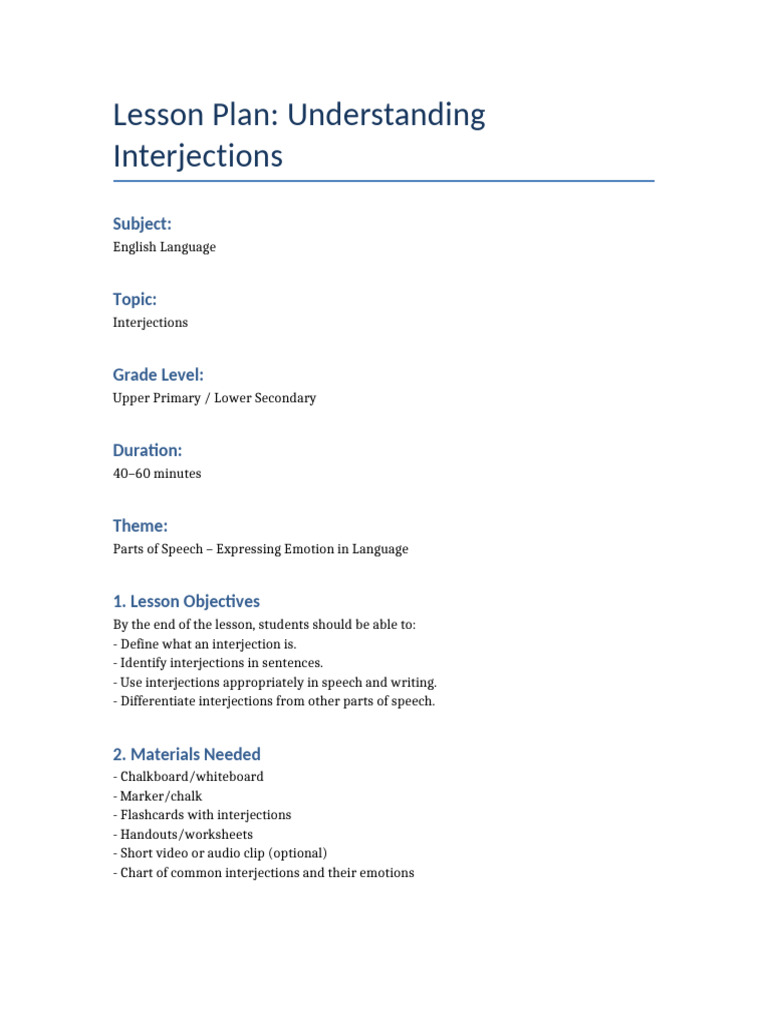 Interjections Lesson Plan for Grades 1-6 | PDF | Semantic Units | Human ...