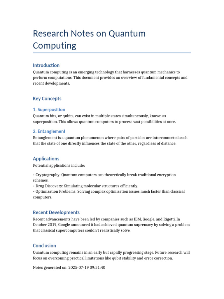 Quantum Computing Research Notes | PDF