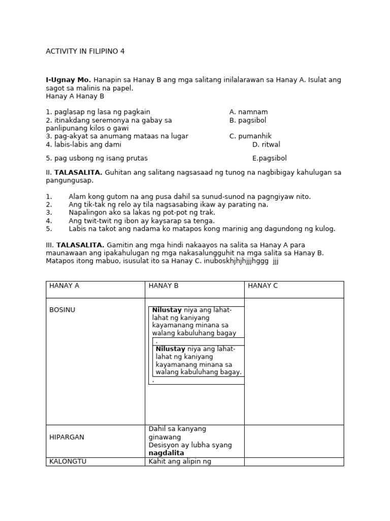Activity in Filipino 4 Science 4 Mapeh | PDF