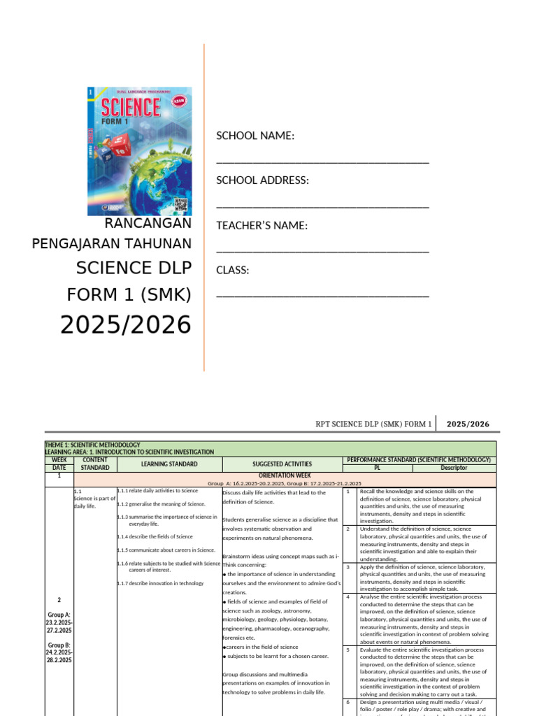 RPT Science DLP Form 1 (SMK) 2025-2026 by Rozayus Academy# | PDF ...