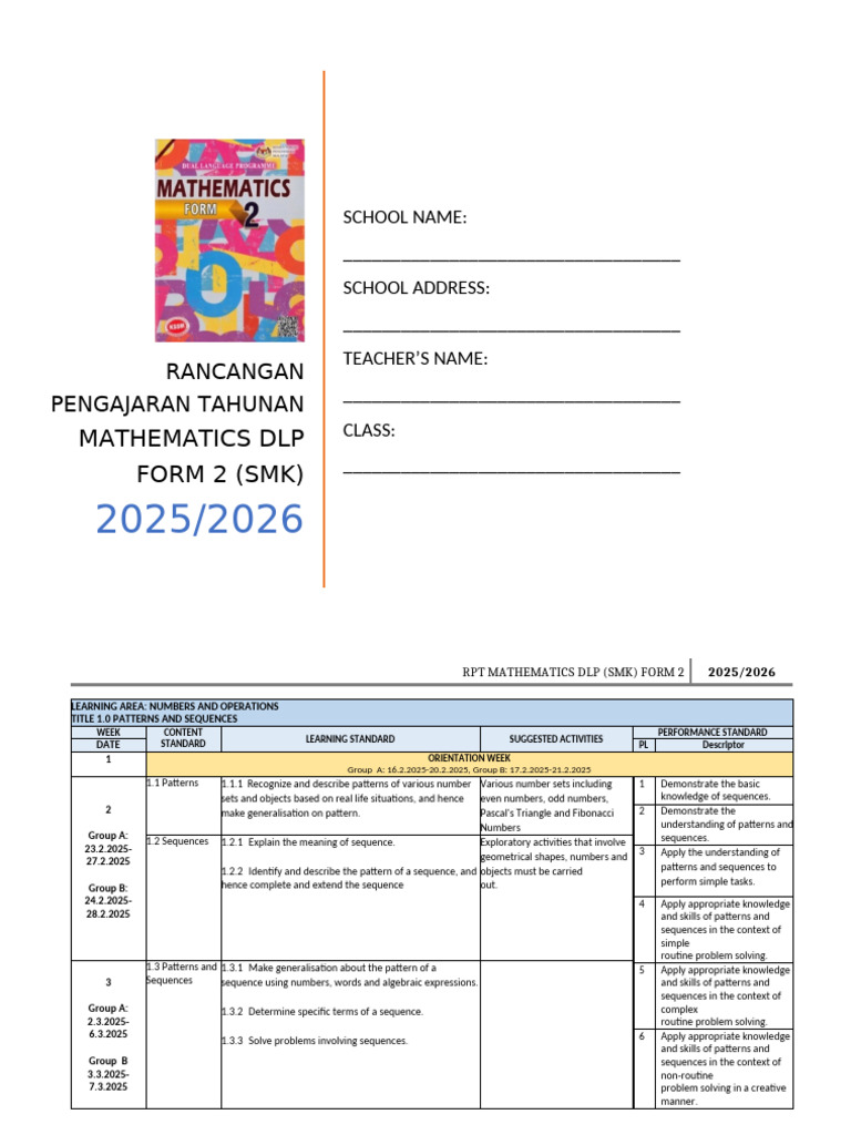 RPT Math DLP Form 2 2025-2026 by Rozayus Academy | PDF | Circle | Algebra